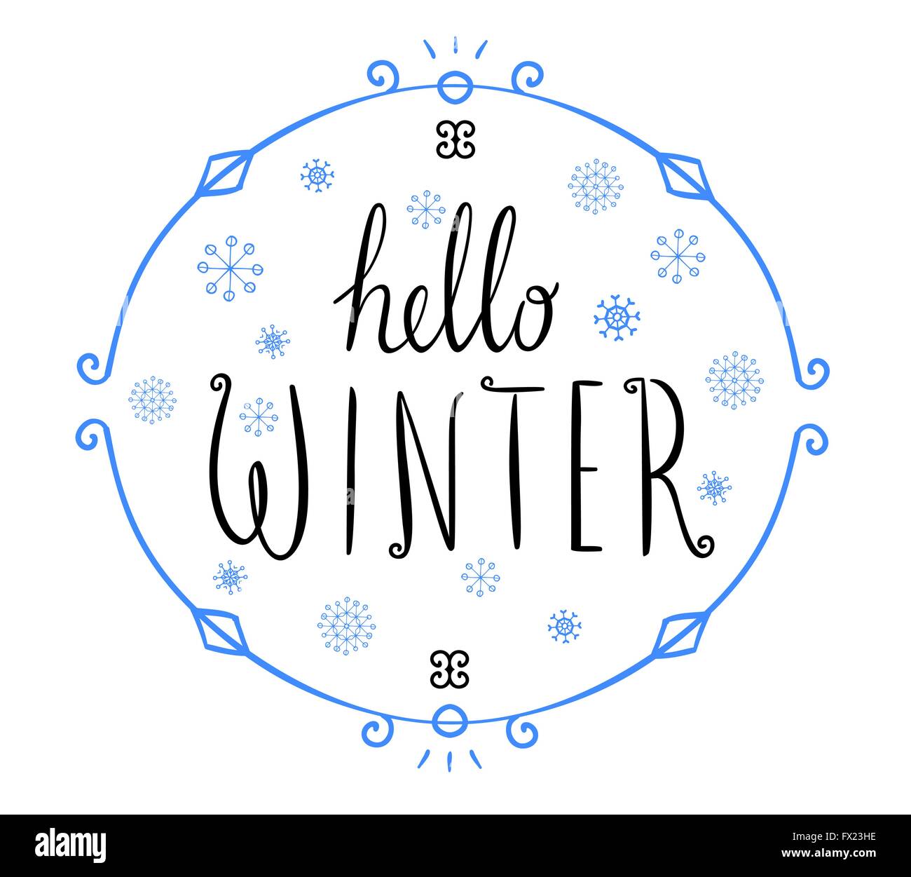 Hello winter text. Vector Brush lettering. Card design with custom ...