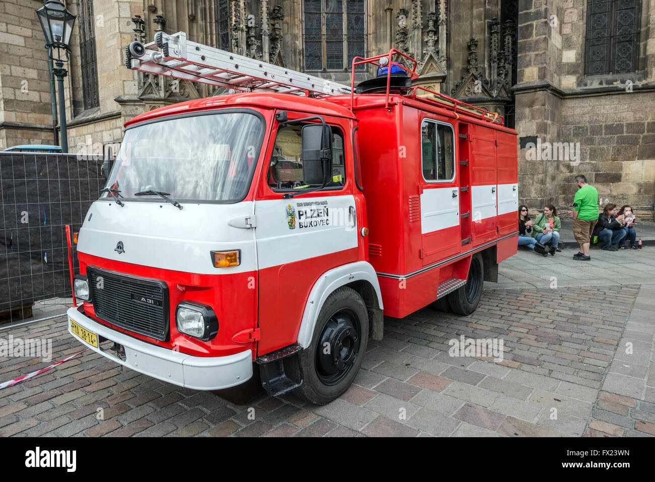 fire engine on Square of the Republic - main square in Pilsen city ...