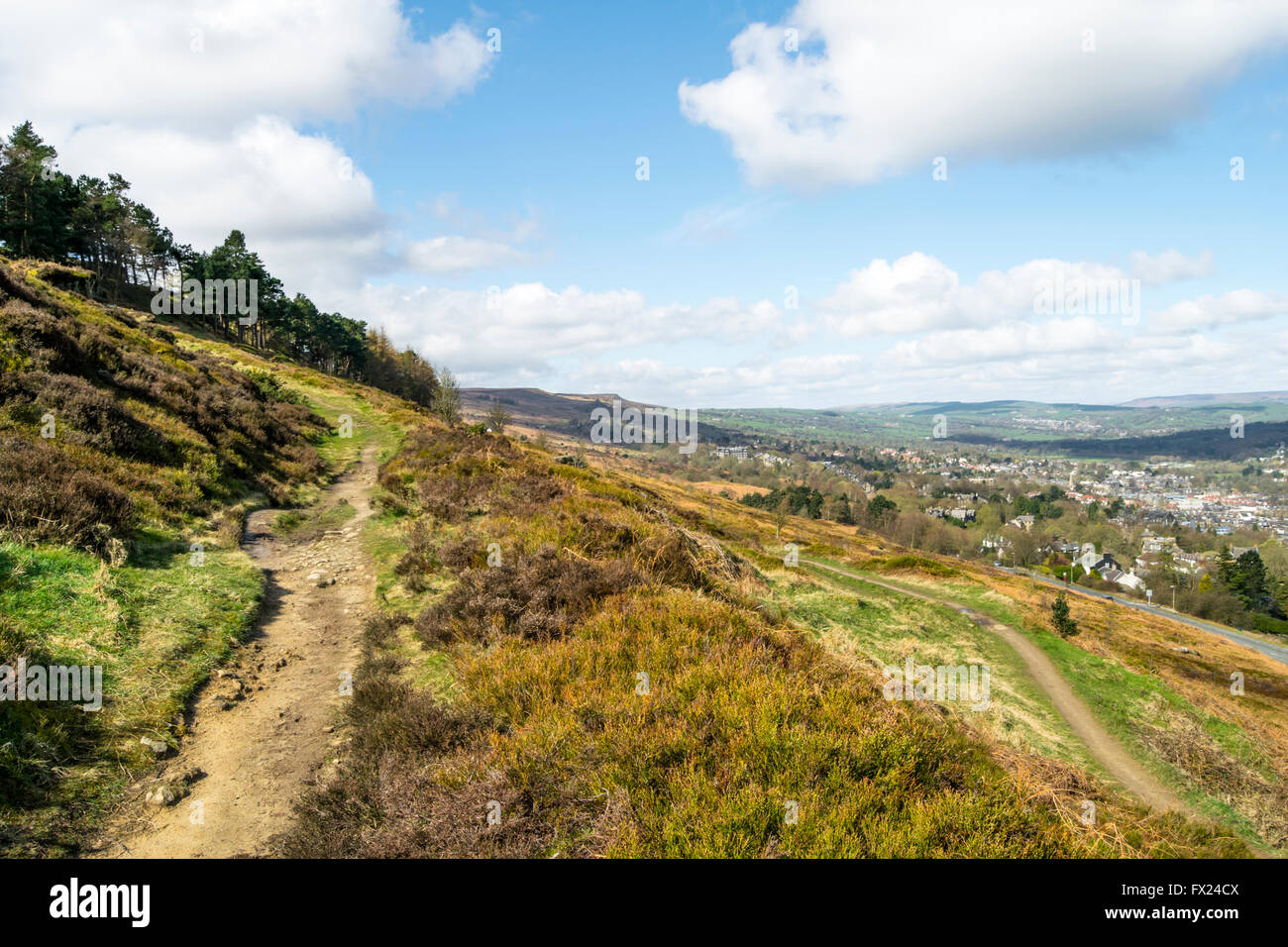 View from a hillside in Ilkley Moor with woodland and Ilkley in the ...