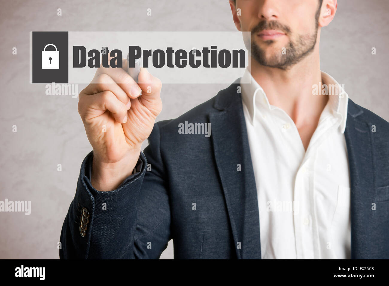 Man drawing data protection concept on glass, isolated in grey Stock ...