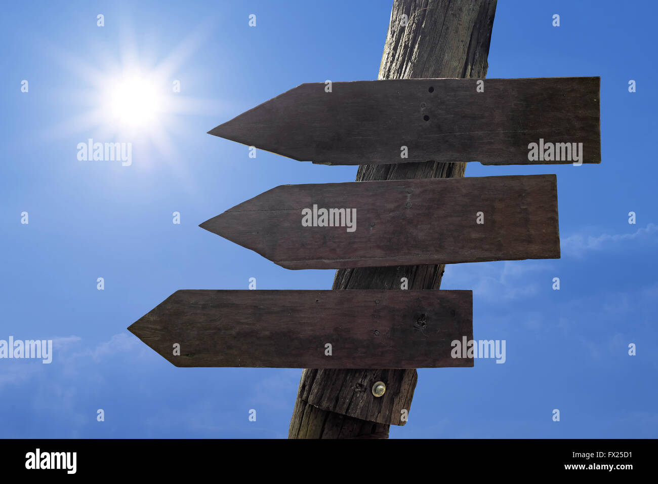wooden direction sign with blank spaces for text on beautiful sunlight ...