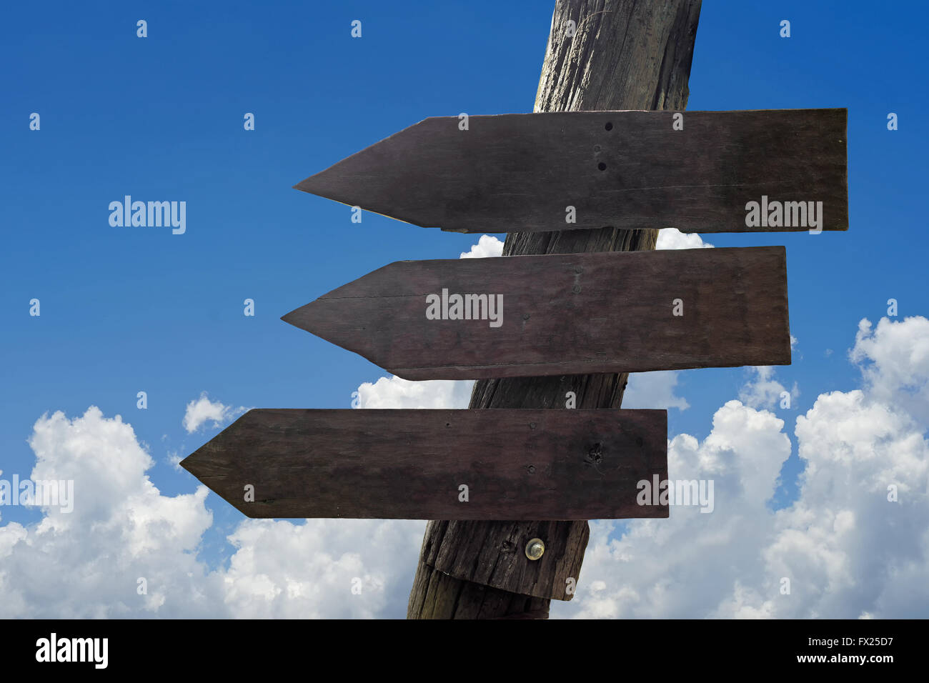 wooden direction sign with blank spaces for text on beautiful sky ...