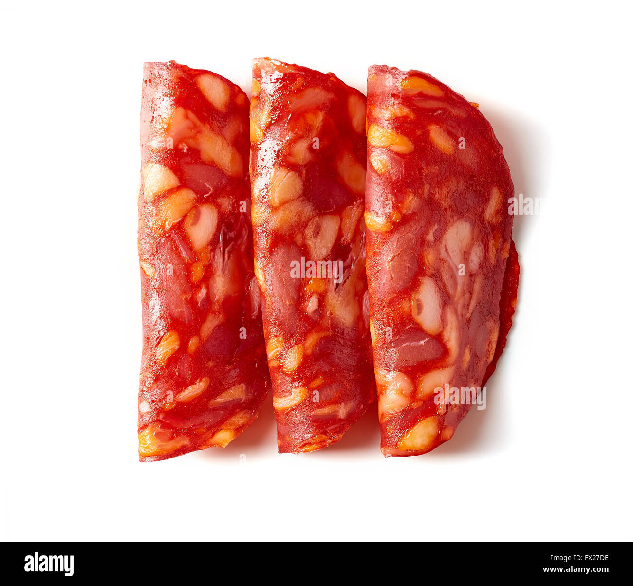 Sliced chorizo sausage isolated on white background, top view Stock ...