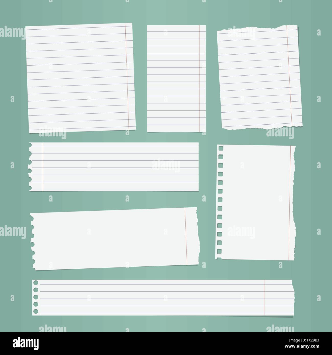 Pieces of torn white lined notebook paper sticked on turquoise ...