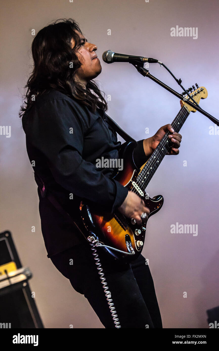 rock musician playing a Fender Stratocaster electric guitar during the ...