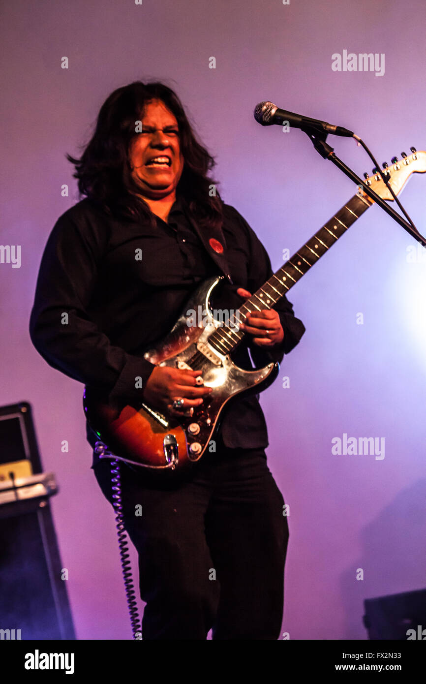 rock musician playing a Fender Stratocaster electric guitar during the ...