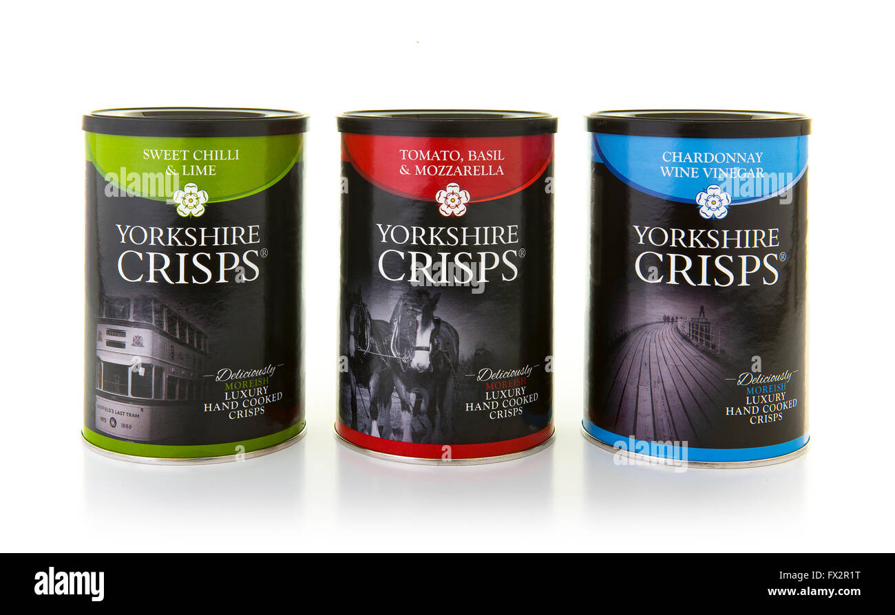 Three Tins of Luxury Hand Cooked Yorkshire Crisps on a white background ...