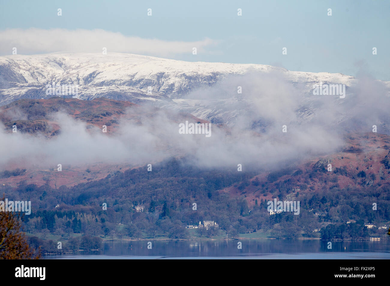 Lake Windermere Cumbria 10th April 2016 UK Weather .Morning mist Lake ...
