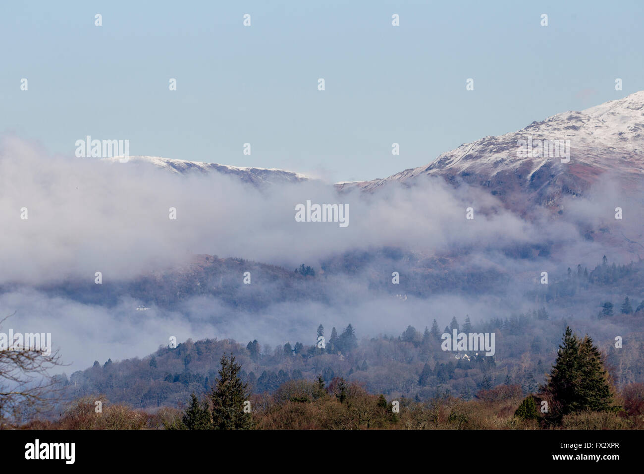 Lake Windermere Cumbria 10th April 2016 UK Weather .Morning mist Lake ...