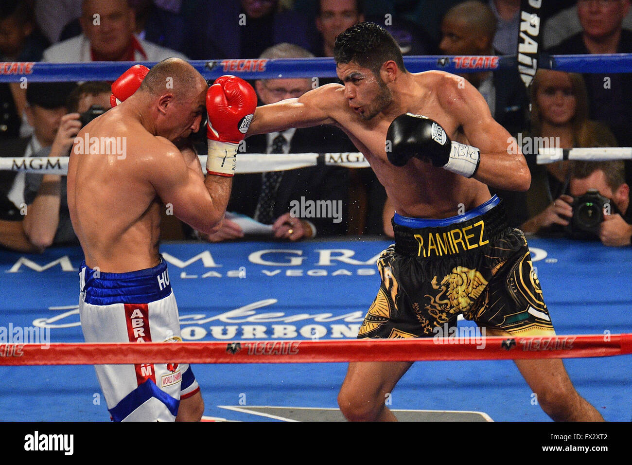Las Vegas, Nevada, USA. 9th April, 2016. Gilberto Ramirez (R) (Mazatlan ...