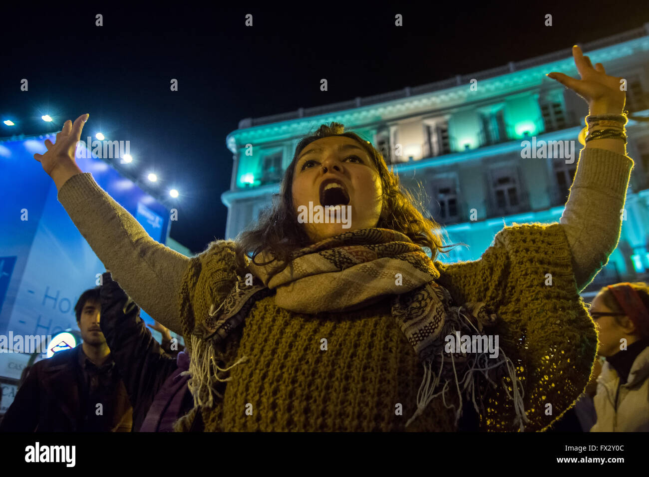 Madrid, Spain. 09th Apr, 2016. A woman shouting during a protest ...