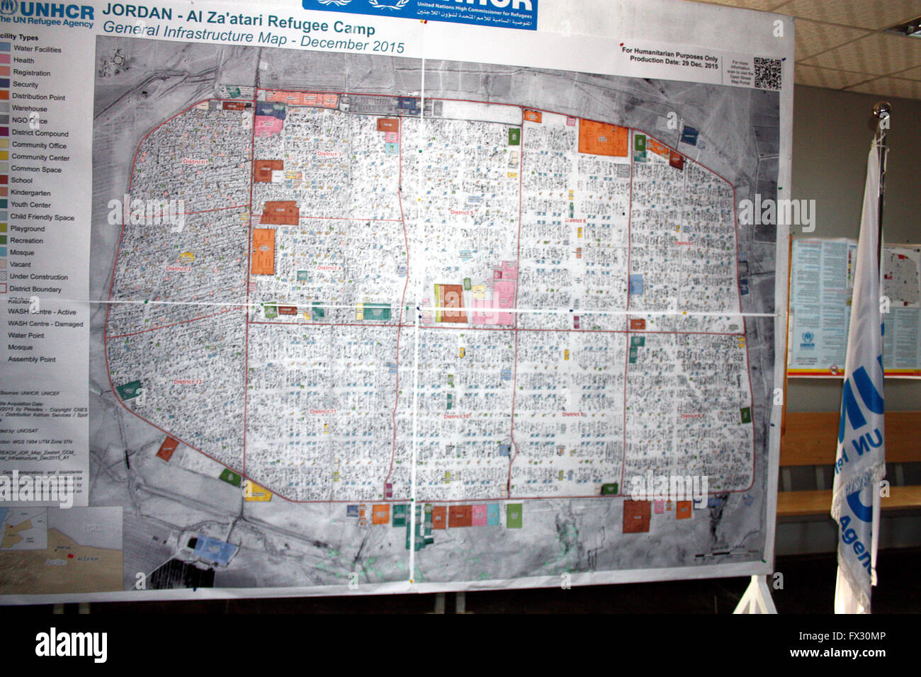 View of a map of the Zaatari refugee camp in the refugee camp close to ...