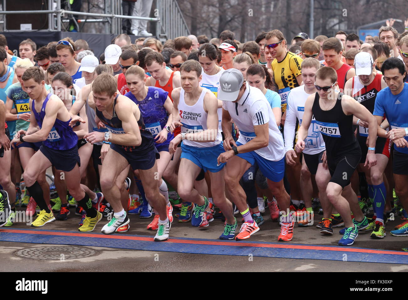 Moscow, Russia. 10th Apr, 2016. Participants start off during the 5km ...