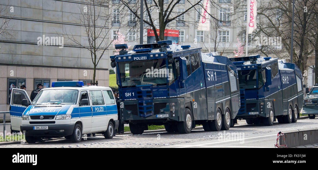 Hamburg, Germany. 10th Apr, 2016. Water guns of the German police lined ...