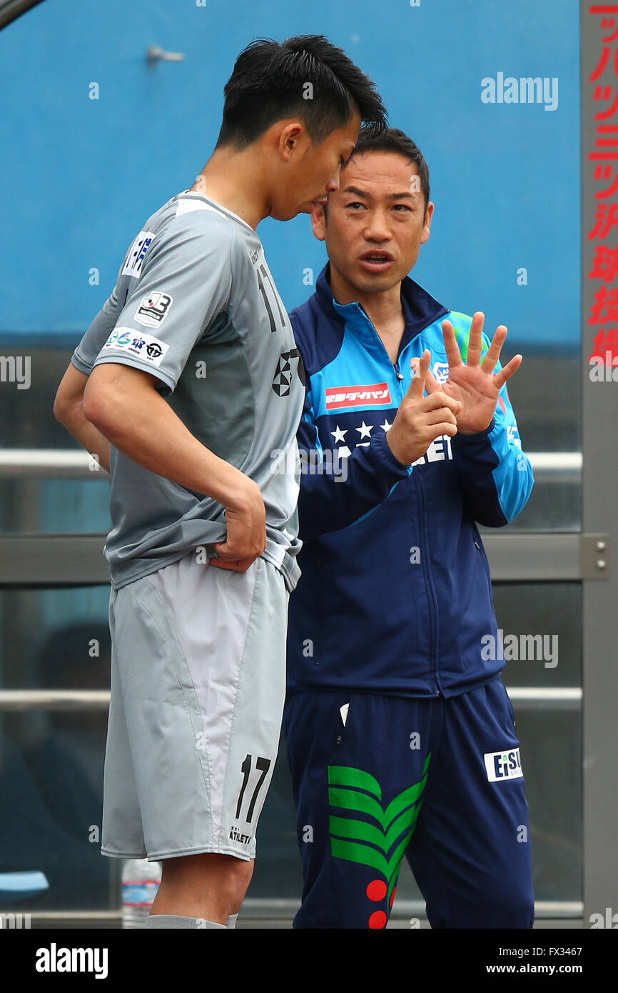 NHK SPRING Mitsuzawa Football Stadium, Kanagawa, Japan. 10th Apr, 2016. (L-R) Toshiki Sakai ...