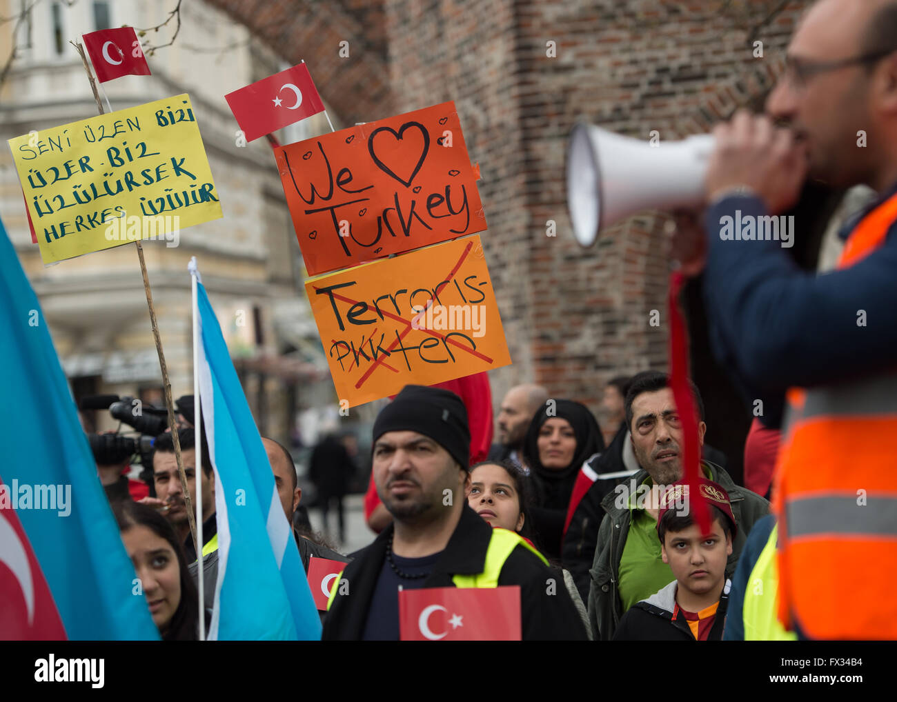 Munich, Germany. 10th Apr, 2016. People carrying Turkish national flags ...