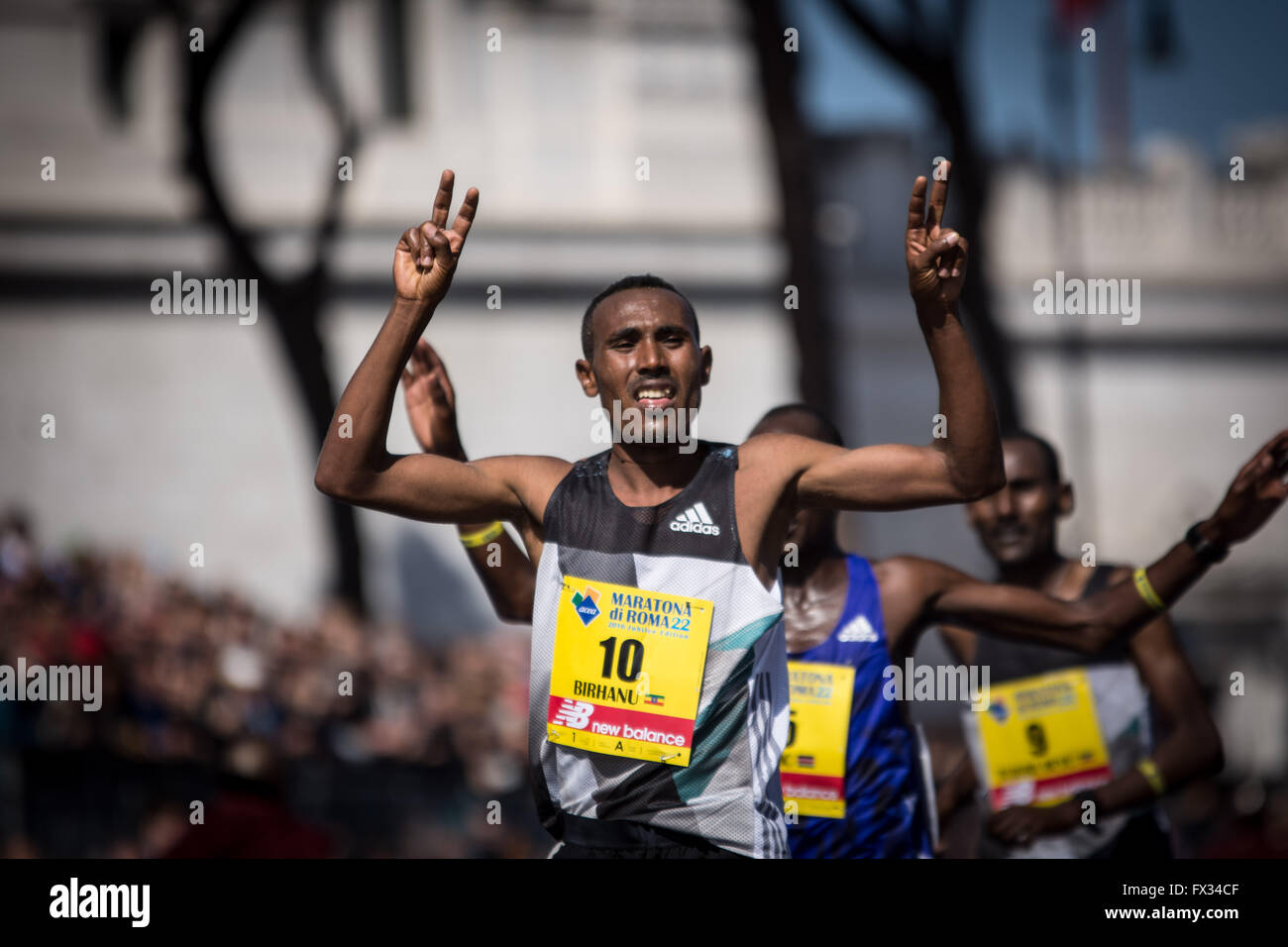 Rome, Italy. 10th April, 2016. Athletes arrived at the finish line ...