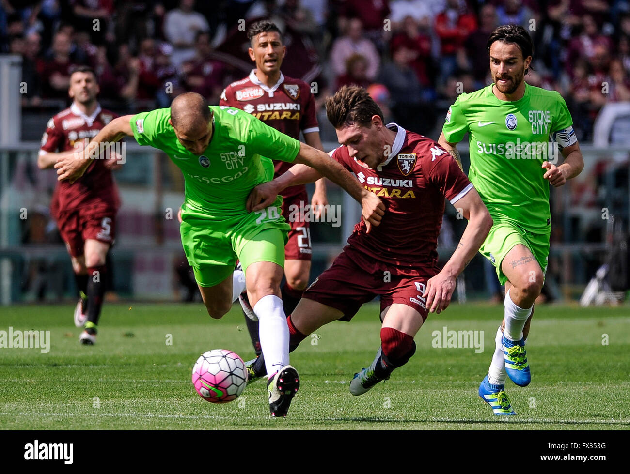 Turin, Italy. 10th Apr, 2016. Gabriel Paletta (left) and Andrea Belotti ...
