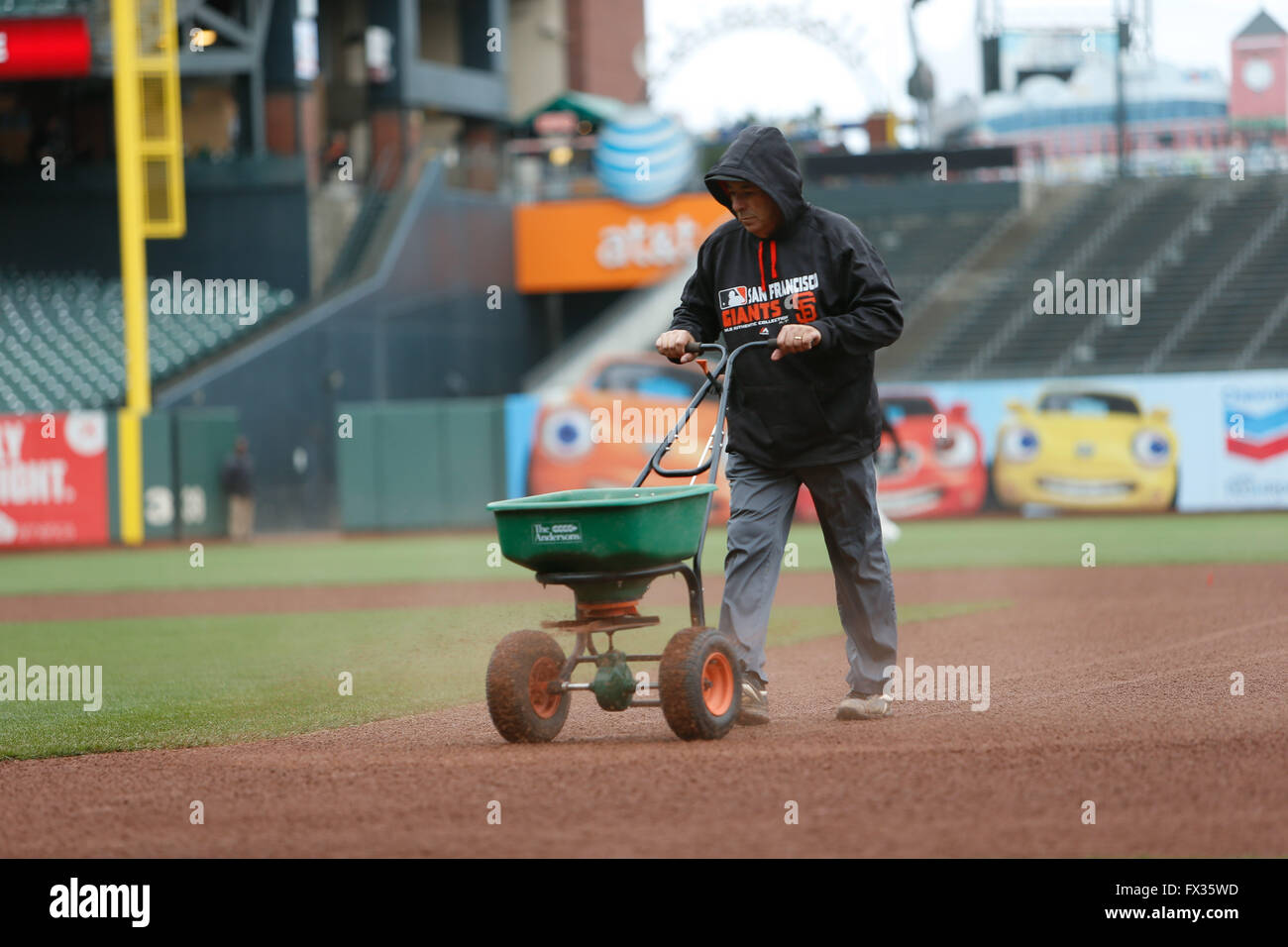 April 10, 2016; San Francisco, CA, USA; Groundskeeper crews prepare the ...