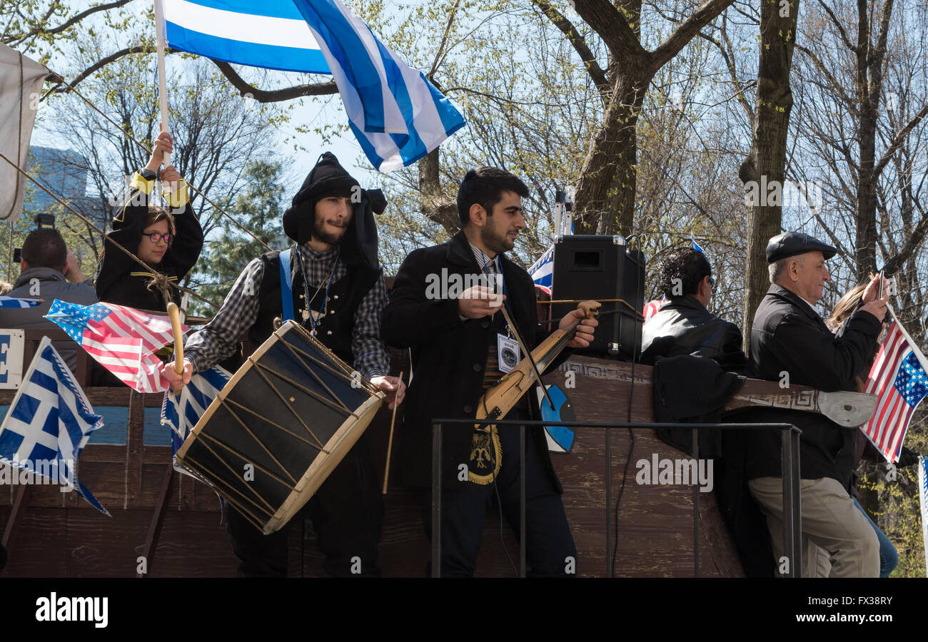 Men playing traditional Greek instruments and music on a float in the ...
