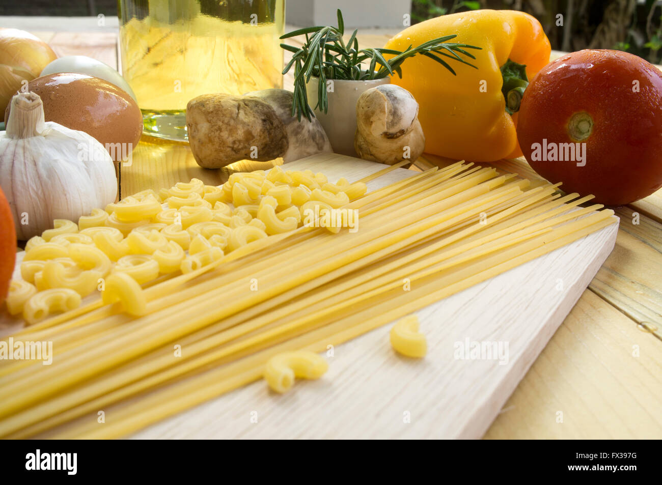 Spaghetti Recipes ingredient on table Stock Photo - Alamy