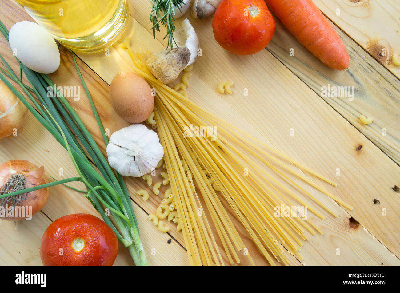Spaghetti Recipes ingredient on table Stock Photo - Alamy