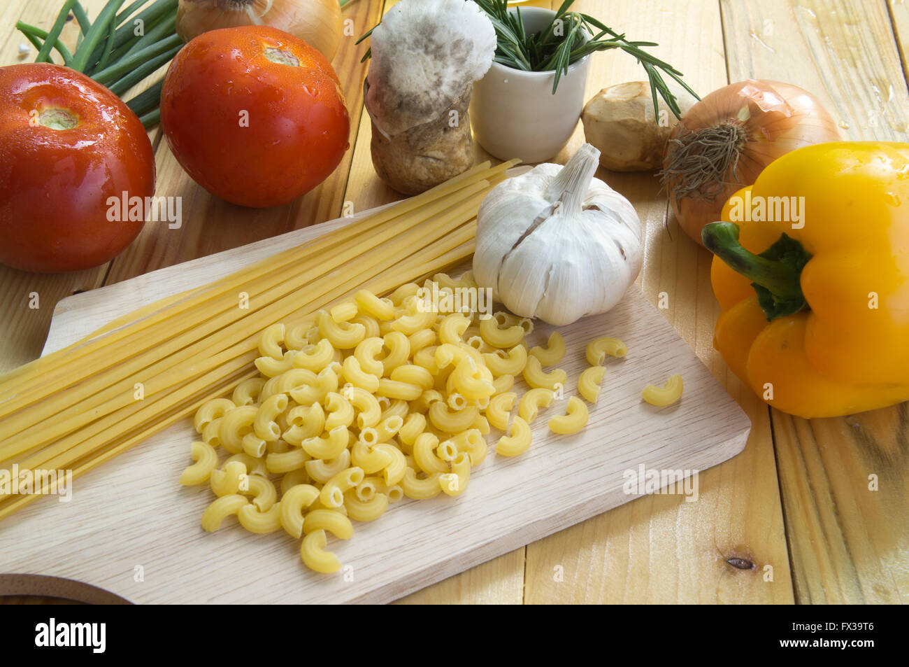 Spaghetti Recipes ingredient on table Stock Photo - Alamy