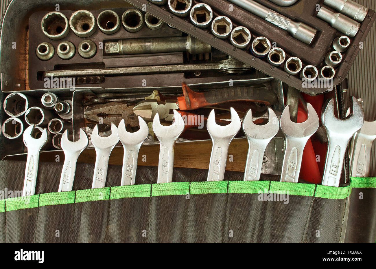 Dirty set of hand tools on a vintage background Stock Photo - Alamy