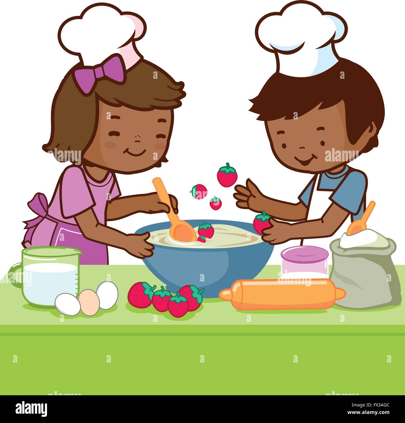 Children cooking in the kitchen at home. Kids with cooking hats baking ...