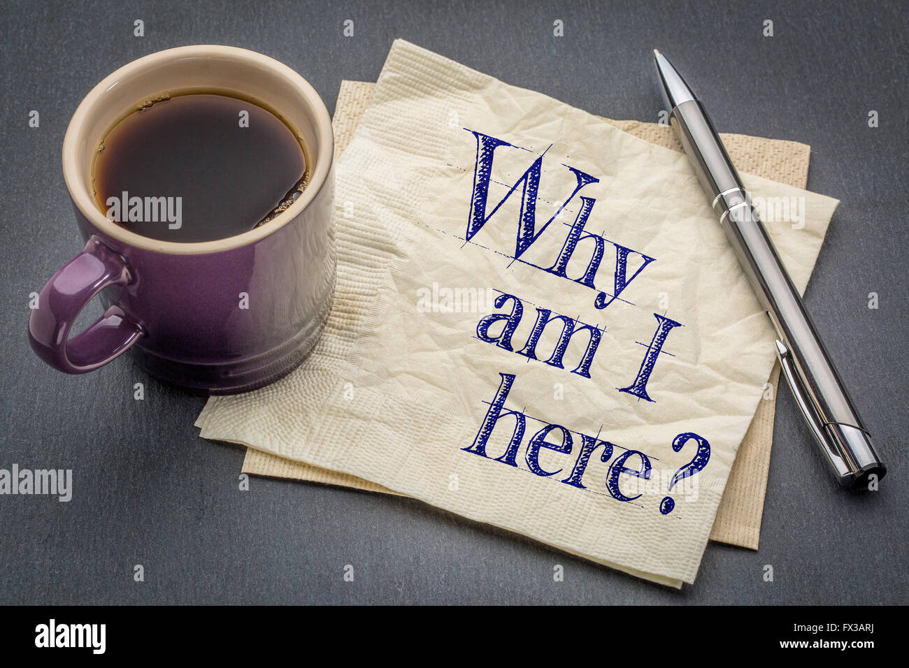 Why am I here question - handwriting on a napkin with cup of coffee ...