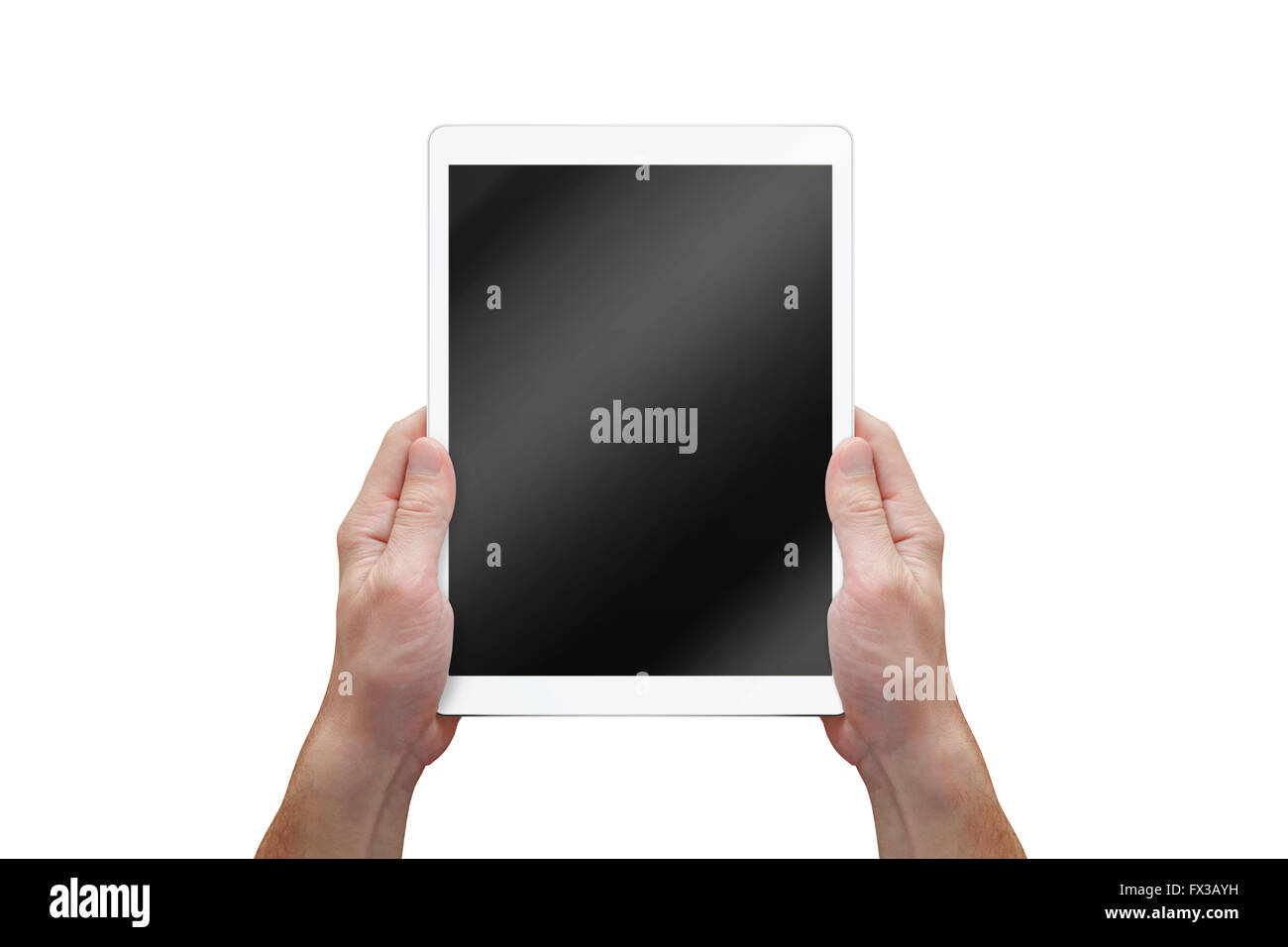 Tablet with white screen in man hands. Isolated tablet, vertical ...