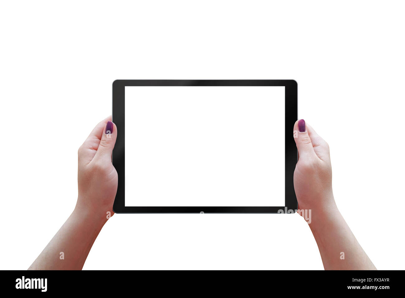 Tablet with white screen inwoman hands. Isolated tablet, horizontal ...