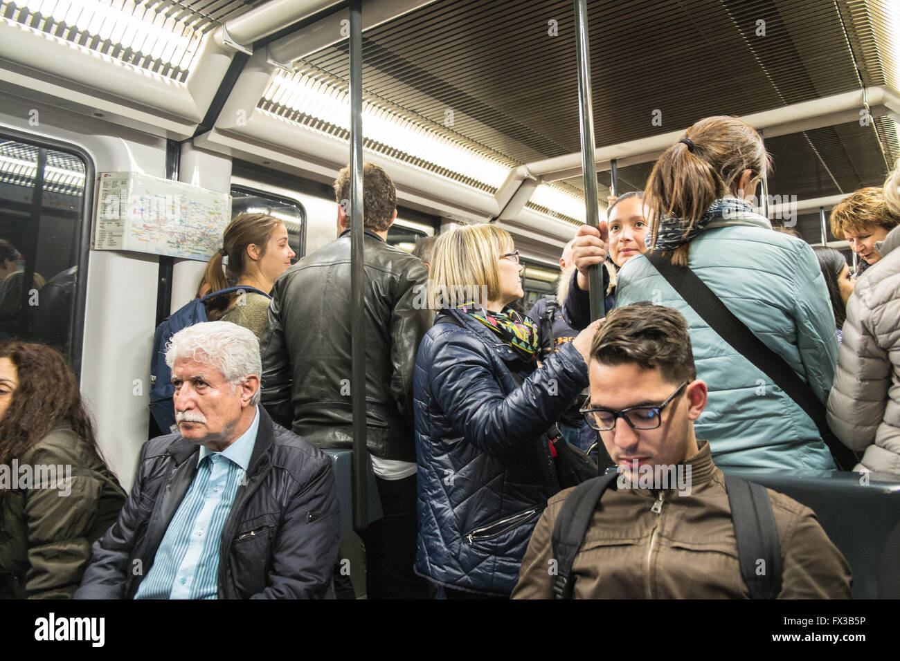 Passengers,commuters Interior,inside of metro train in Barcelona ...