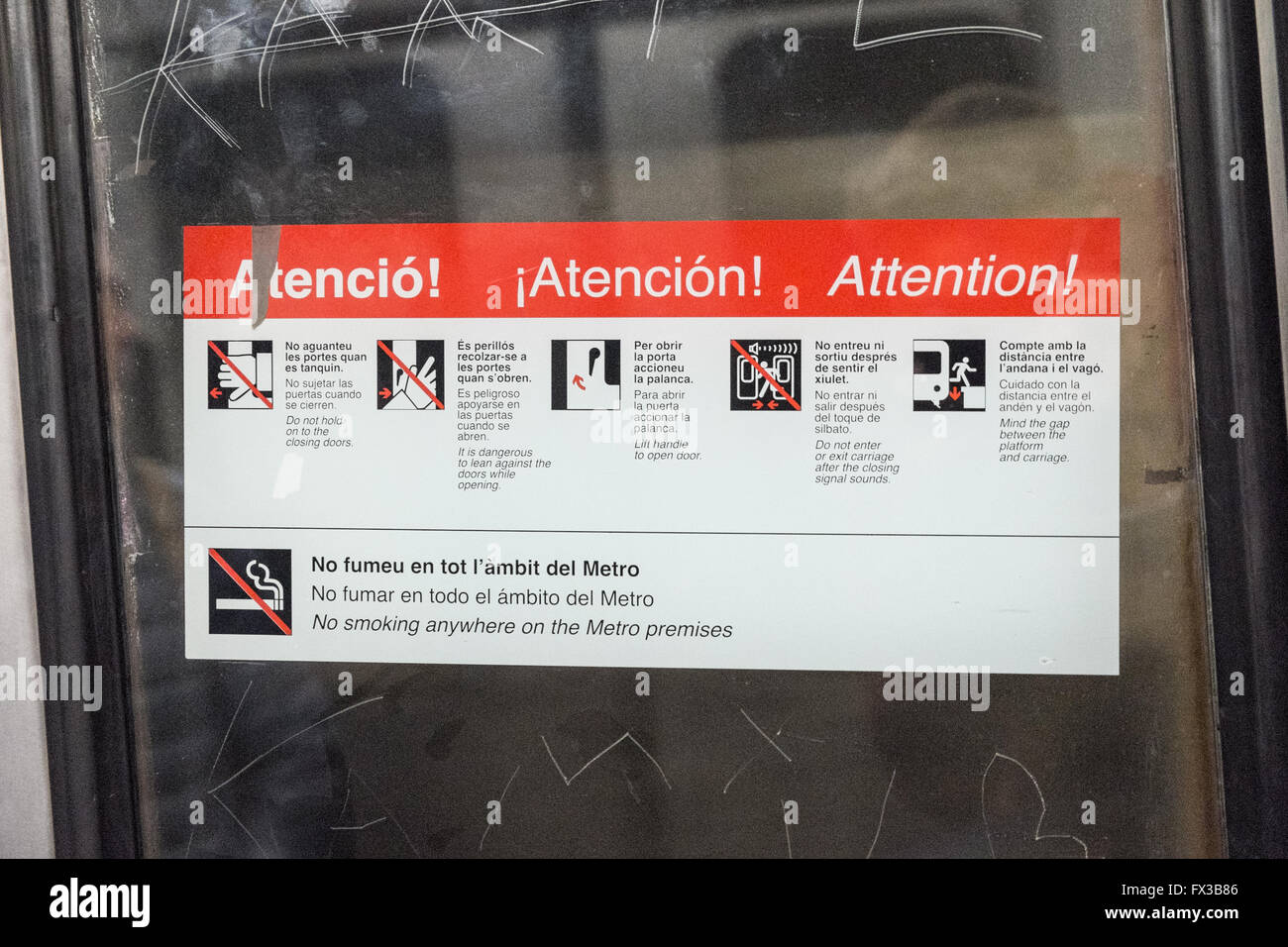 Attention. Rules on a train in metro Barcelona,Catalonia,Spain,Europe ...