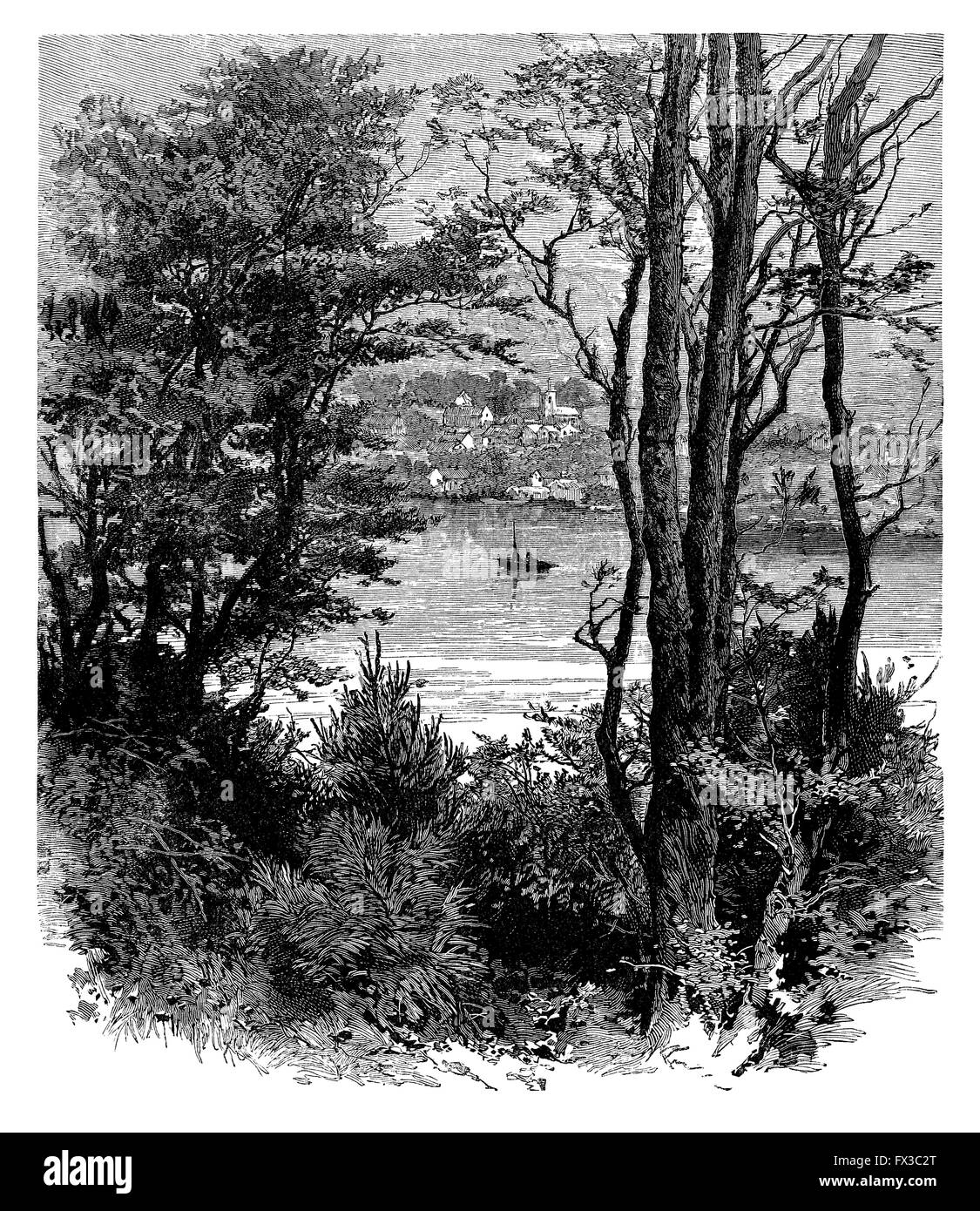 Black white engraving lake Cut Out Stock Images & Pictures - Alamy