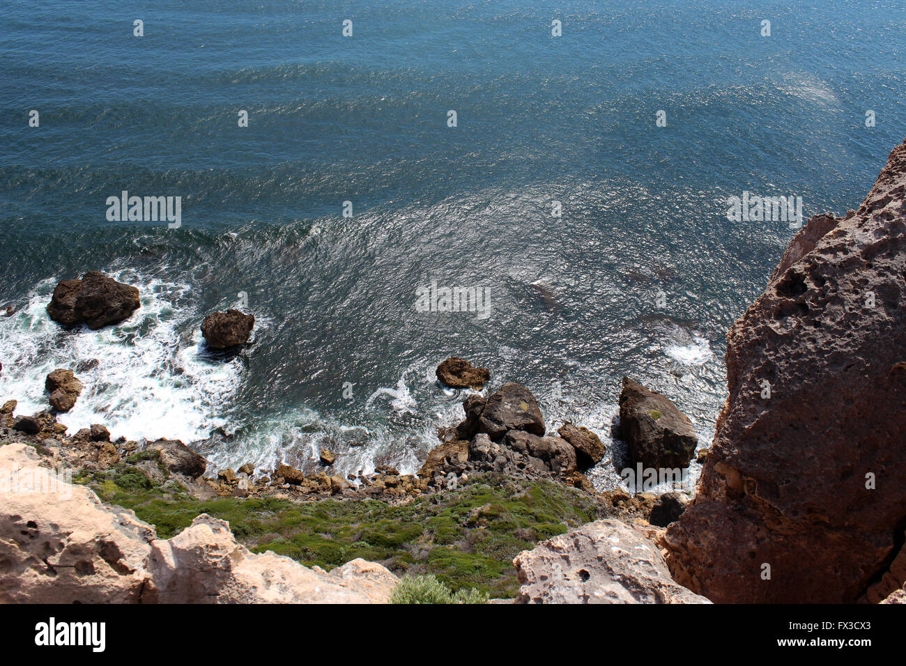 Scenic view of the Southern Ocean with the sparsely vegetated cliff and ...