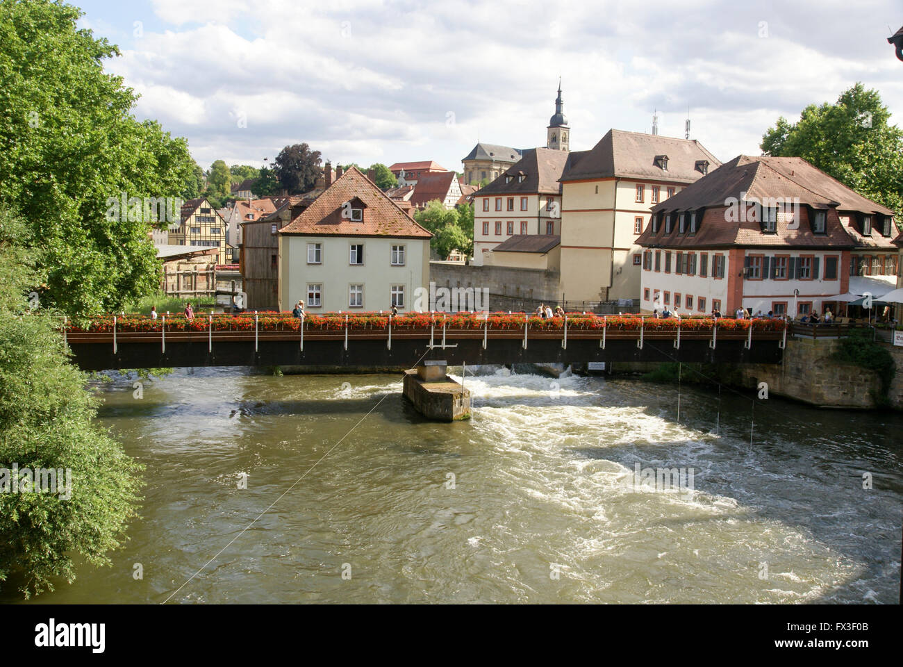 Bamberg, Bavaria, Germany wooden bridge over the Regnitz river Stock ...