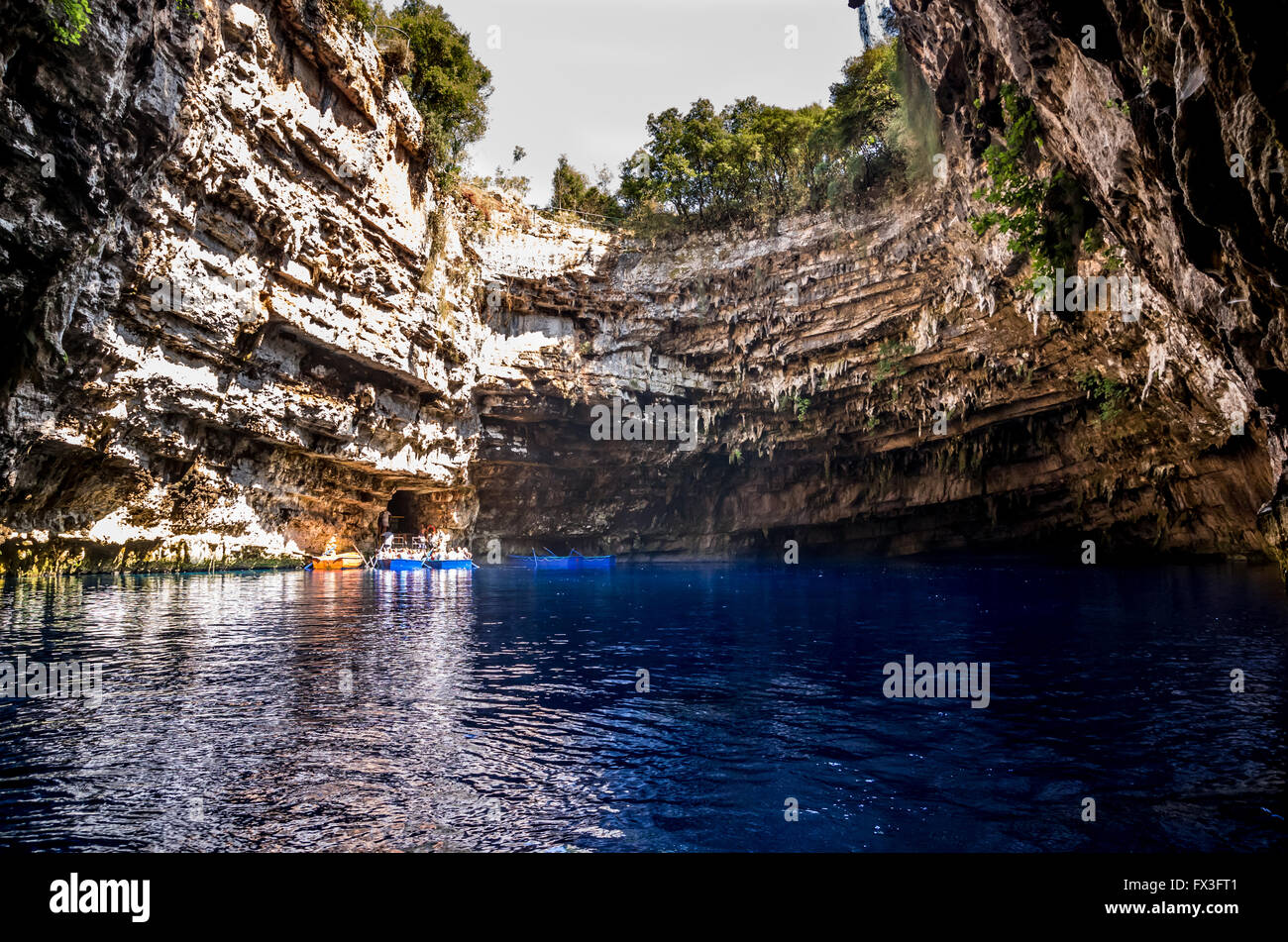 Melisani lake into Melissani cave. Kefalonia Island, Greece. Boat with ...