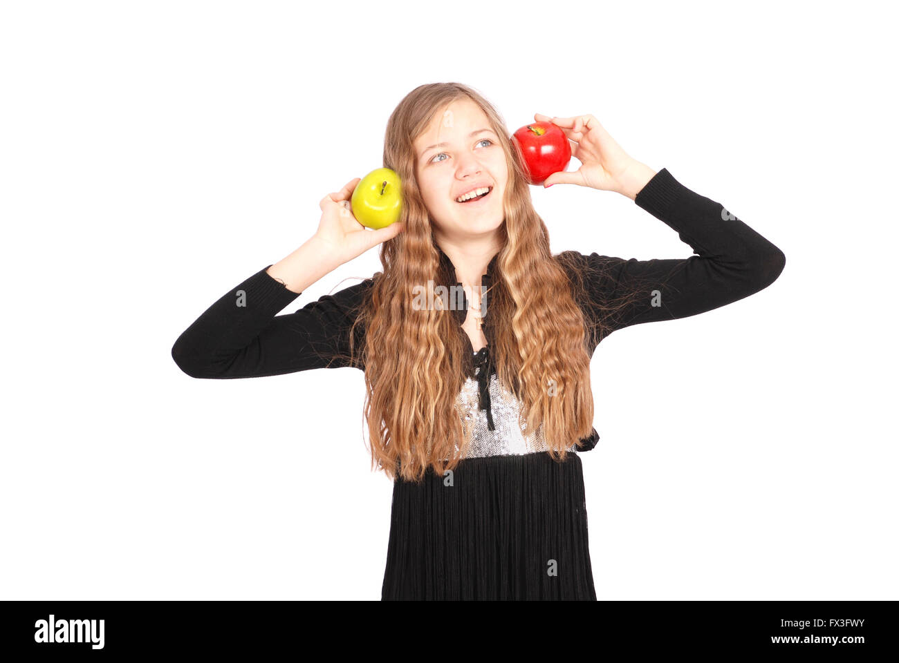 Girl holding fresh apple isolated on white Stock Photo - Alamy