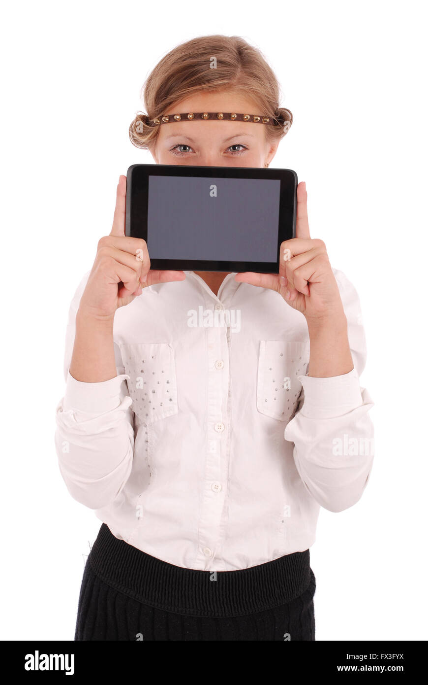 Girl closes half tablet pc face isolated on white Stock Photo - Alamy