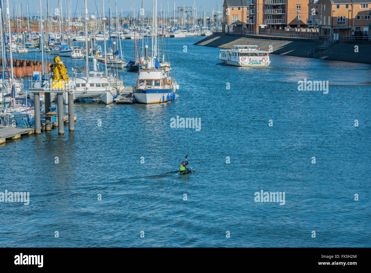 The River Ely at Cardiff Bay, south Wales, showing the marina and ...