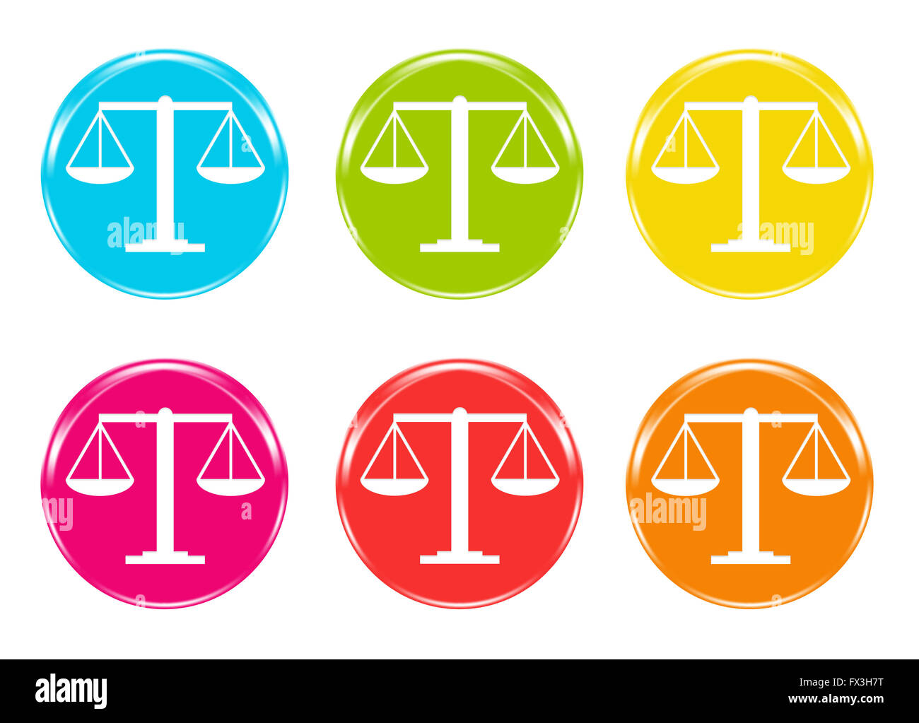 Set of colorful rounded icons with legal symbol in blue, green, yellow ...