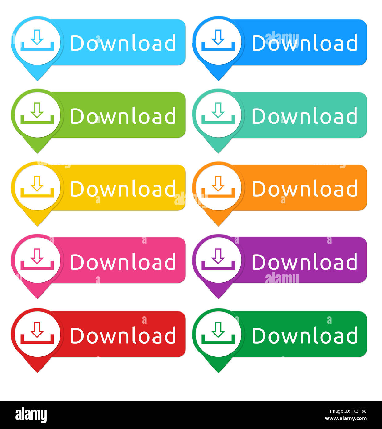 Colorful web buttons for Downloads in blue, green, yellow, orange, pink ...