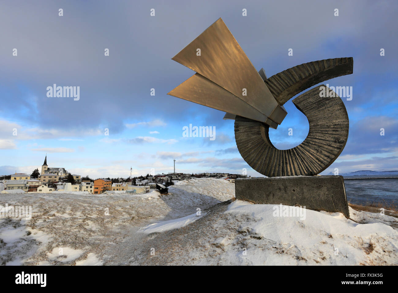 Monument overlooking Borgarfjördur fjord, Borgarnes town, Western ...