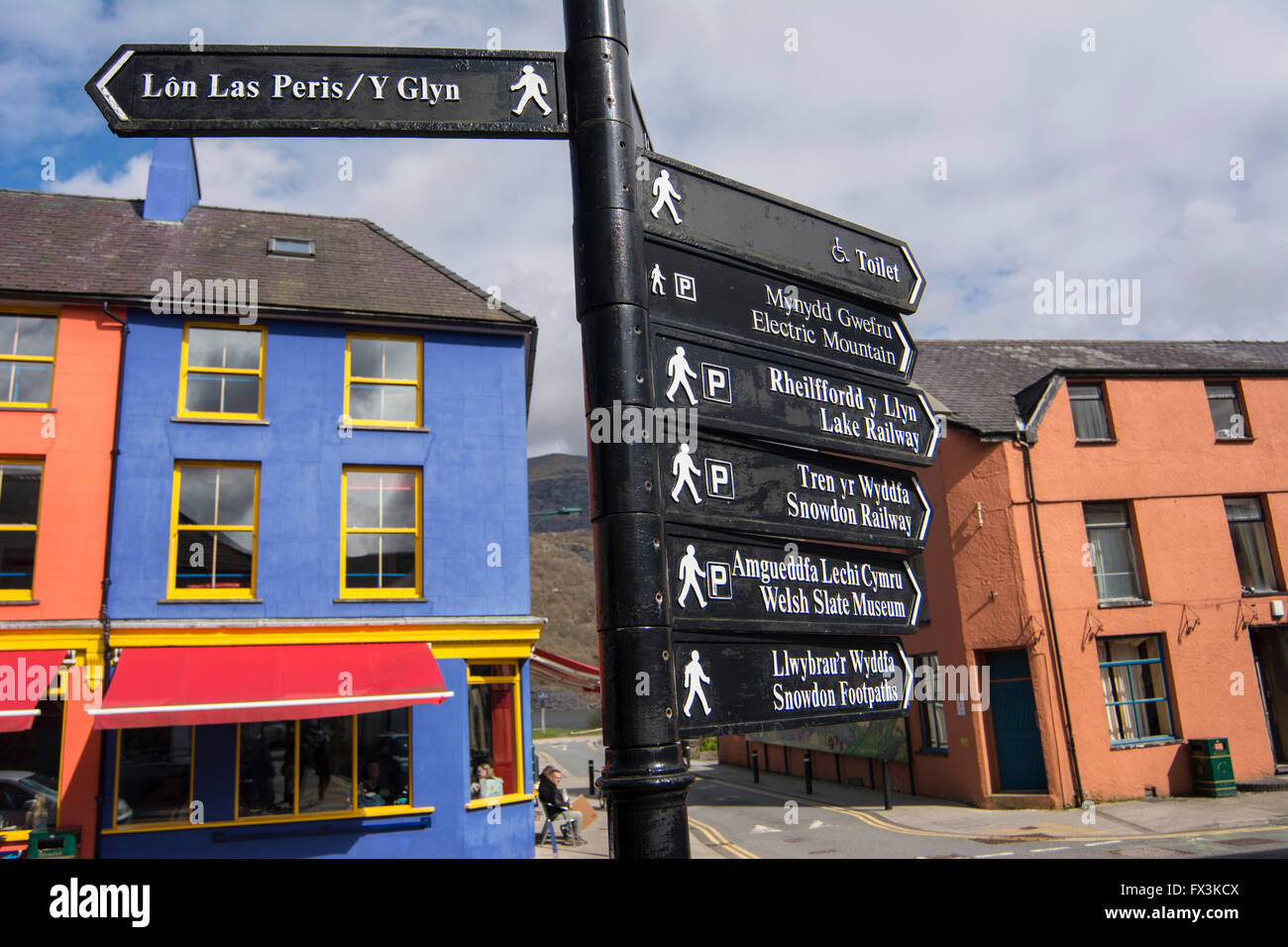 Tourist signpost in the village of Llanberis in Snowdonia, North Wales ...