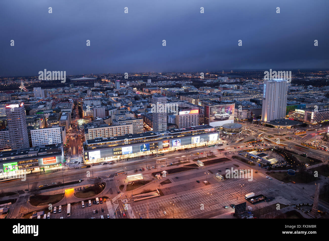 Warsaw cityscape at night, capital city of Poland, city centre ...