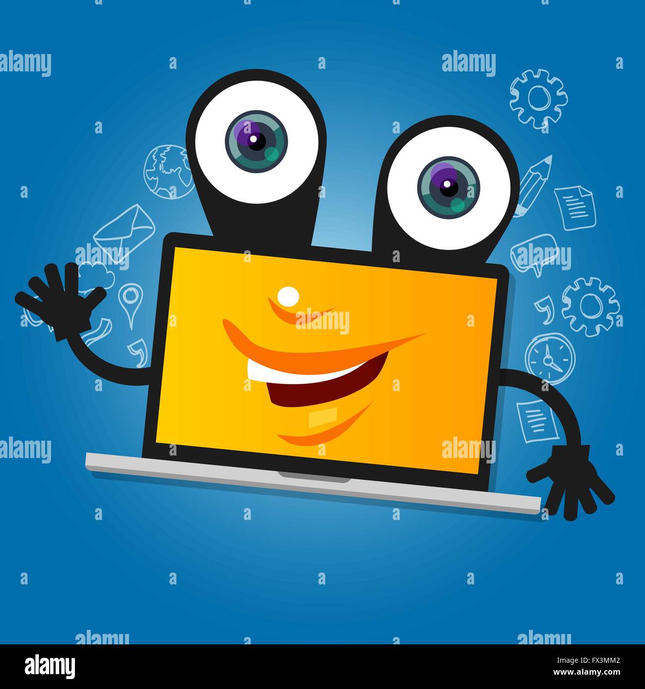 laptop computer big eyes character cartoon smile with hands yellow ...