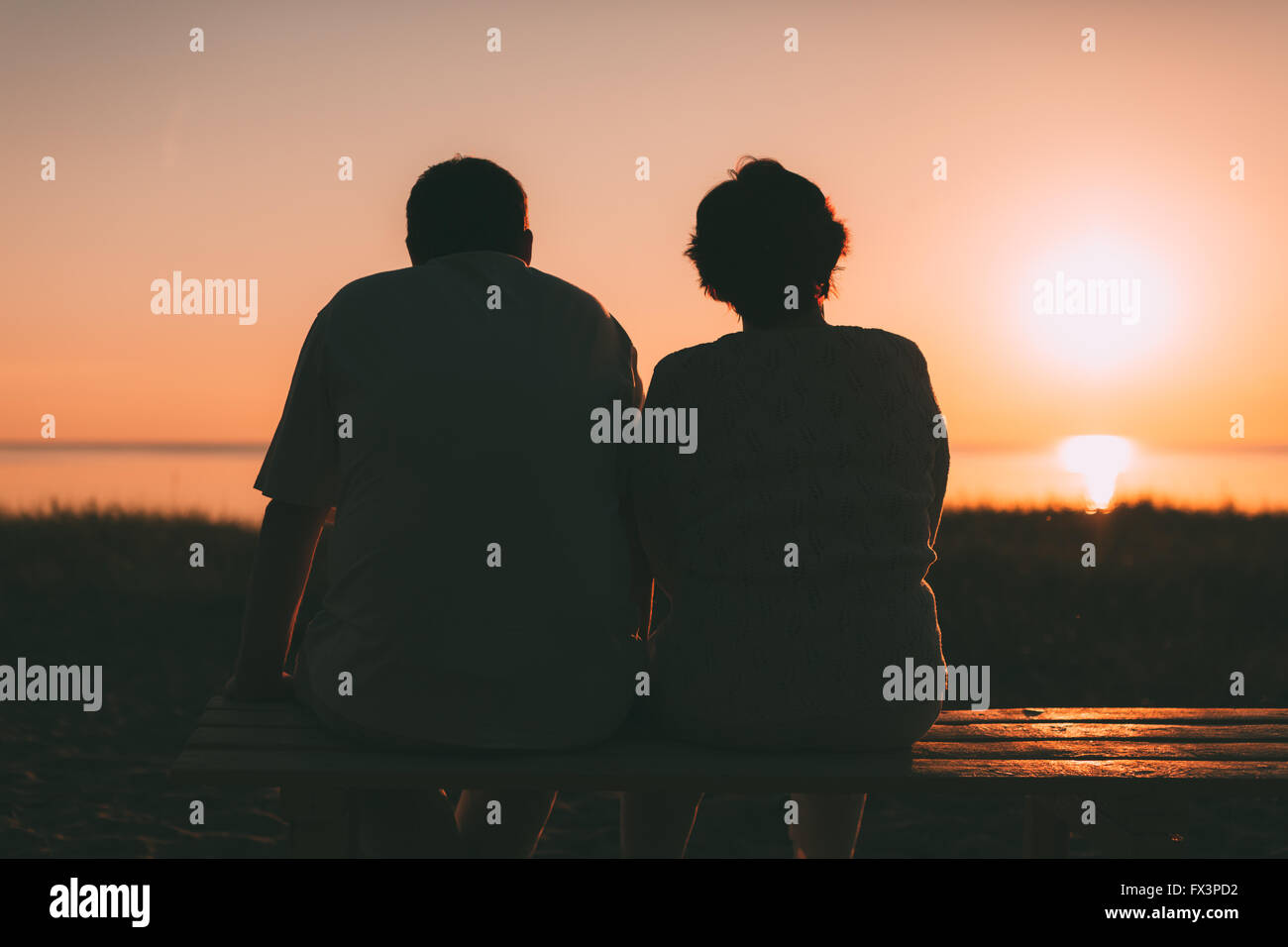 Back view a married couple a silhouette sitting on a bench Stock Photo ...
