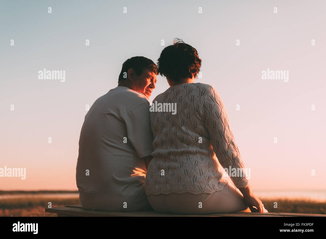 Back view a married couple a silhouette sitting on a bench Stock Photo ...