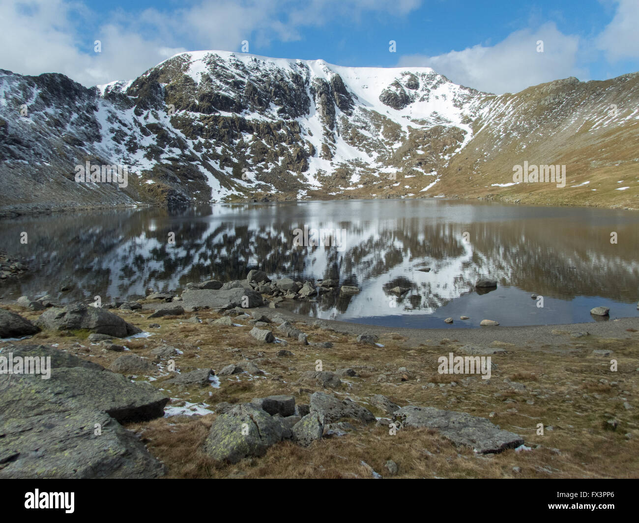 Spring snow at Red Tarn on Helvellyn, the 3rd highest mountain in ...